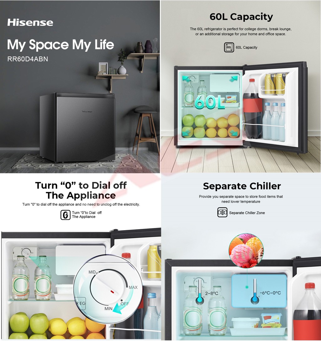 HISENSE RR60D4ABN 60L REVERSIBLE DOOR R600a MINI BAR - BLACK METAL ...