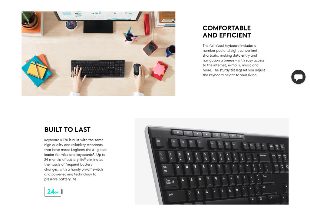 Logitech K270 Wireless Keyboard Unifying Receiver Full Size 2.4GHz Long ...
