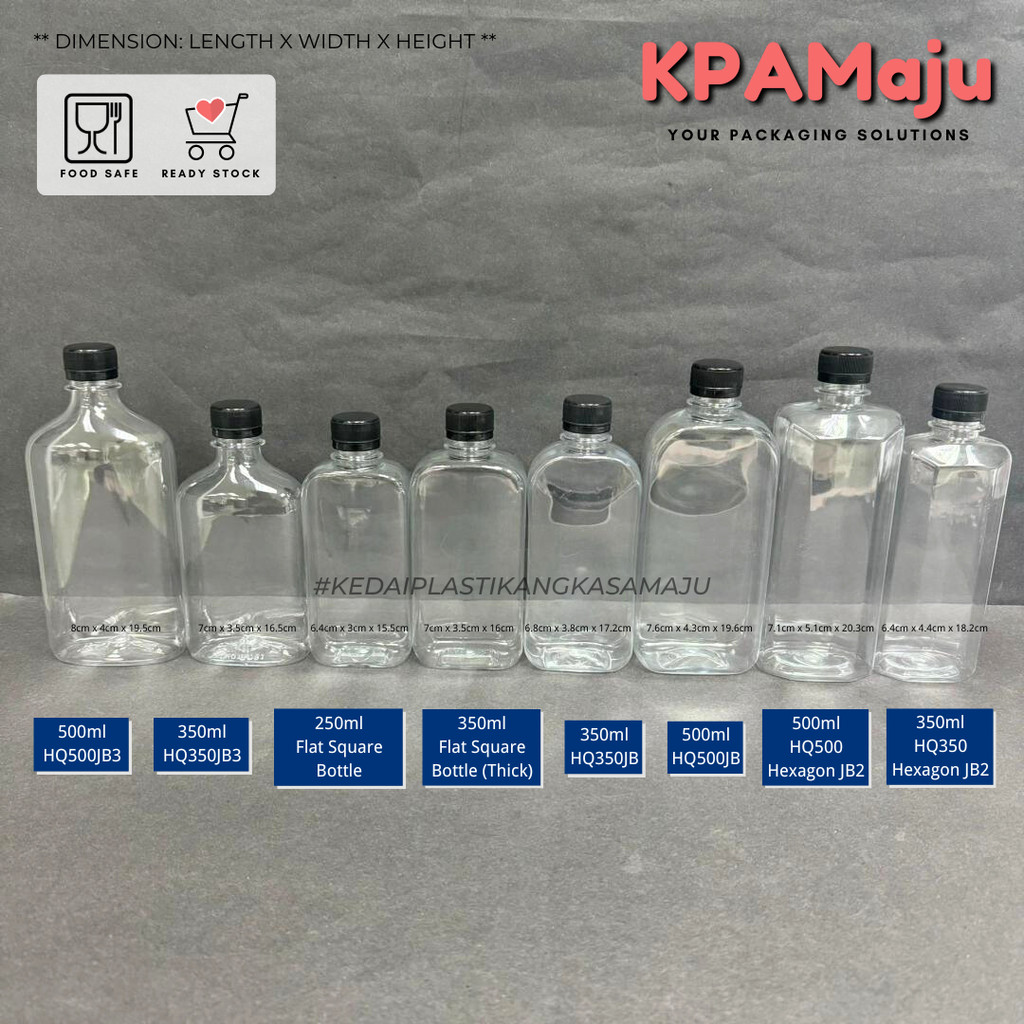 Botol Plastik + Silver Aluminium Cap (250ml, 300ml, 350ml) - Slim Bottle, Flat Bottle, Botol ...
