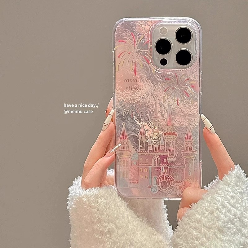 Romantic Pink Fireworks Castle Crystal Bead Chain Phone Case for iPhone ...