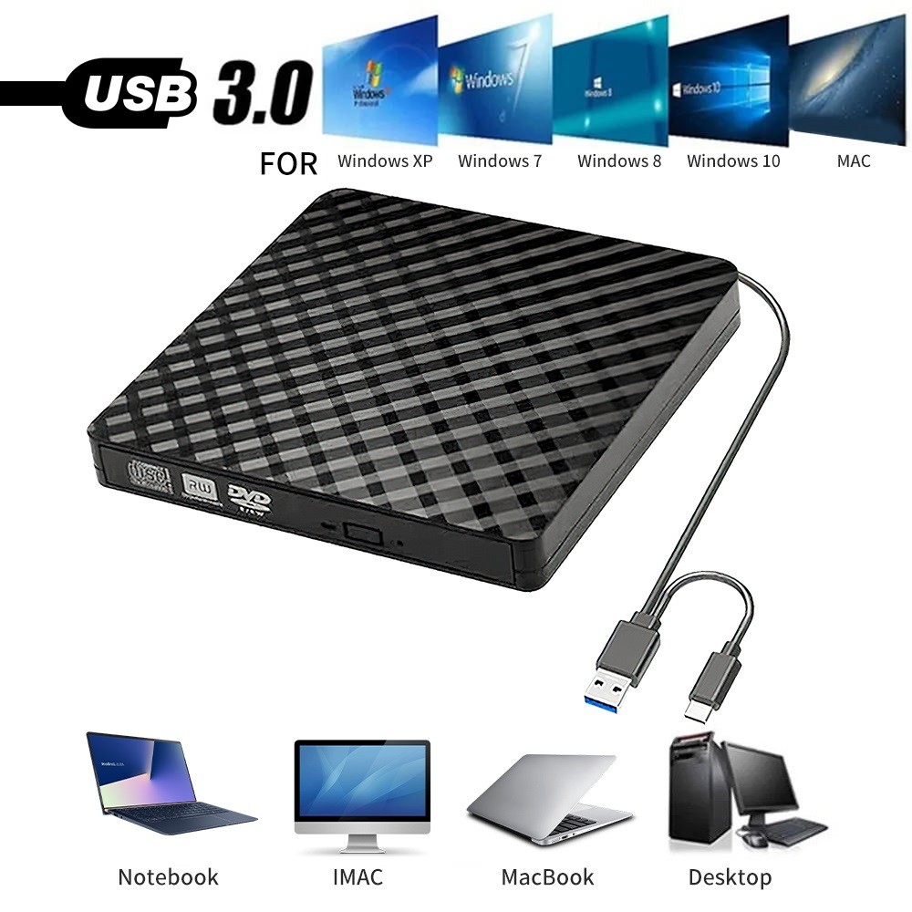 Type C＆USB 3.0 2in1 External DVD RW CD Writer Slim Optical USB C Drive ...