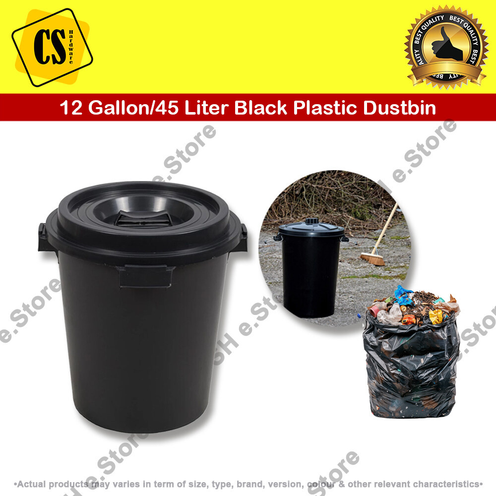 12 Gallon/45 Litres Black Plastic Dustbin With Cover Big Black Dustbin ...