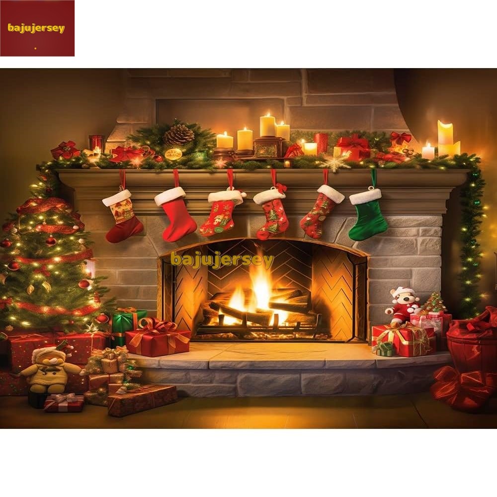 Christmas Fireplace Theme Backdrop for Photo Studio Christmas Tree Socks Gifts Party Decor ...