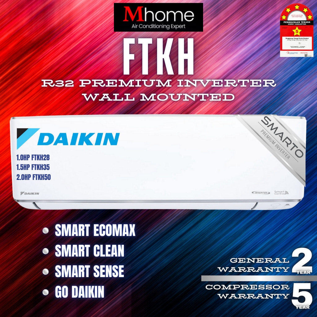 DAIKIN R32 SMARTO FTKH-A/B Series Premium Inverter Air Conditioner 1.0HP / 1.5HP / 2.0HP ...