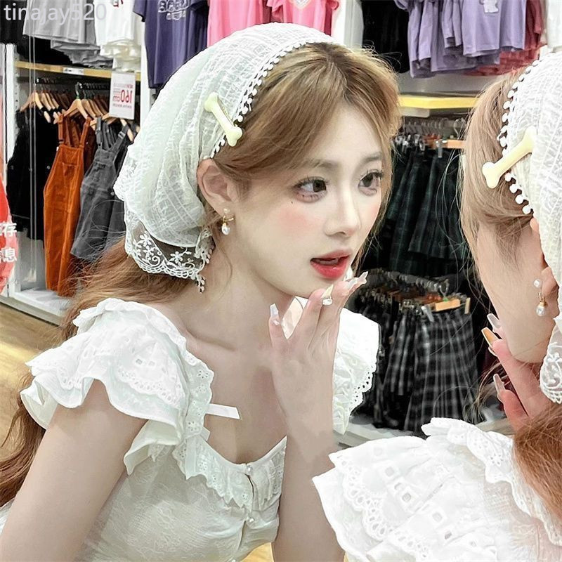 French Temperament Headscarf White Lace Triangle Scarf Tie Hair Band ...