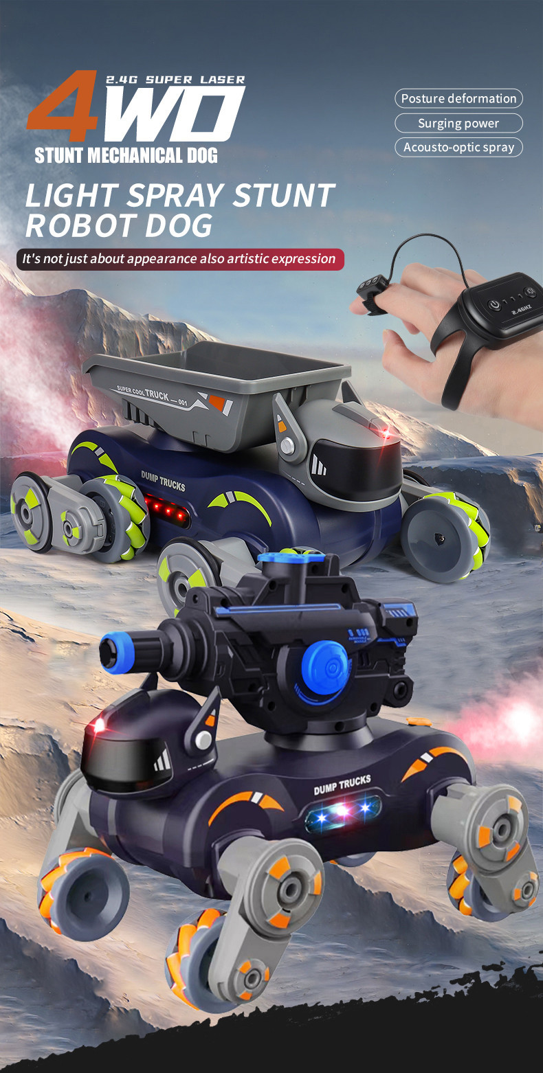Rc Stunt Car 8-Wheel Mechanical Robot Dog with Lights Spray for Kids ...