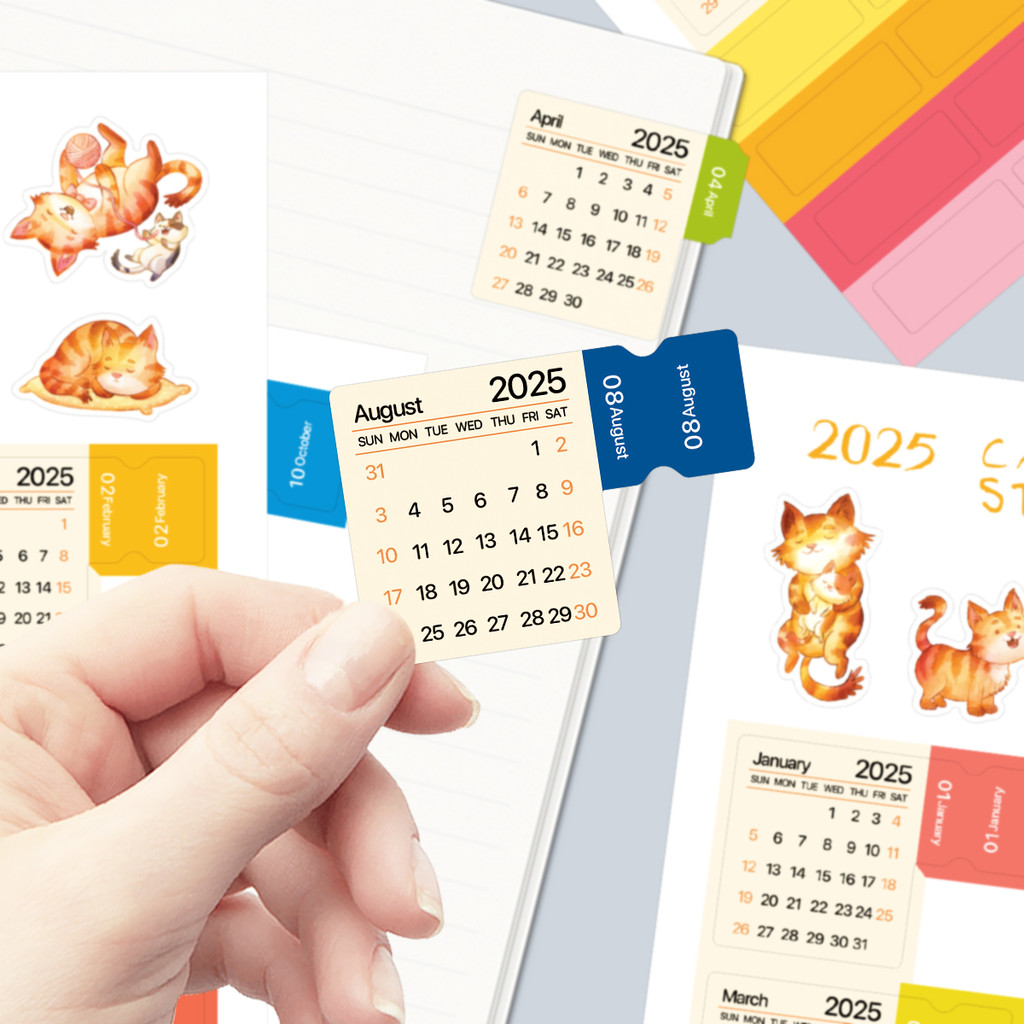 2025 Mini Calendar Stickers with Cute Cat Design,2 Sheets Monthly Index ...