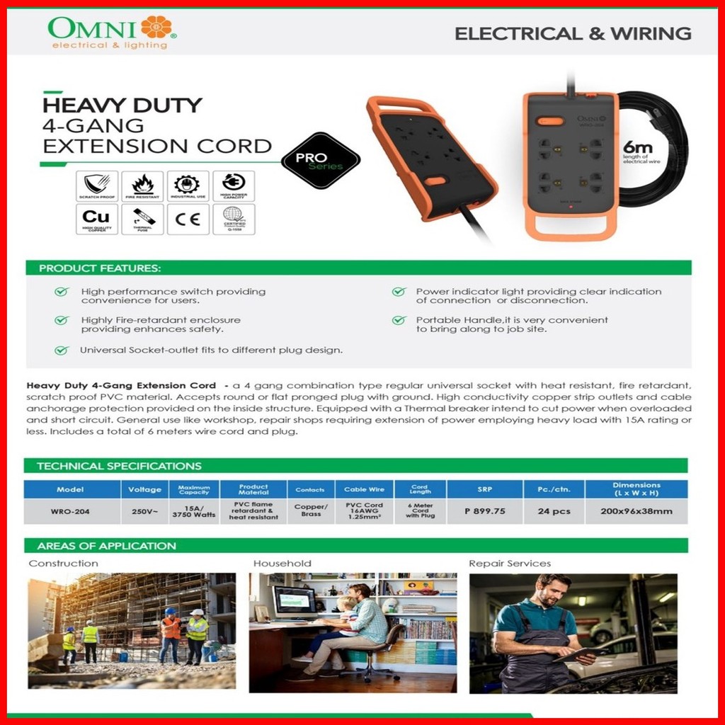 OMNI Heavy Duty Extension Cord, 6Meter Cable, 15A 3750Watts, Portable ...
