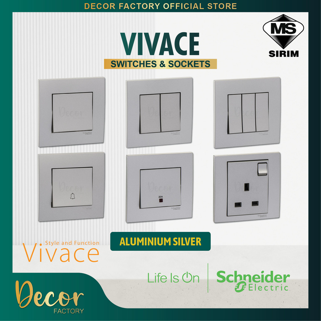 SCHNEIDER VIVACE Switches & Sockets Aluminium Silver With SIRIM 1/2/3/4 ...