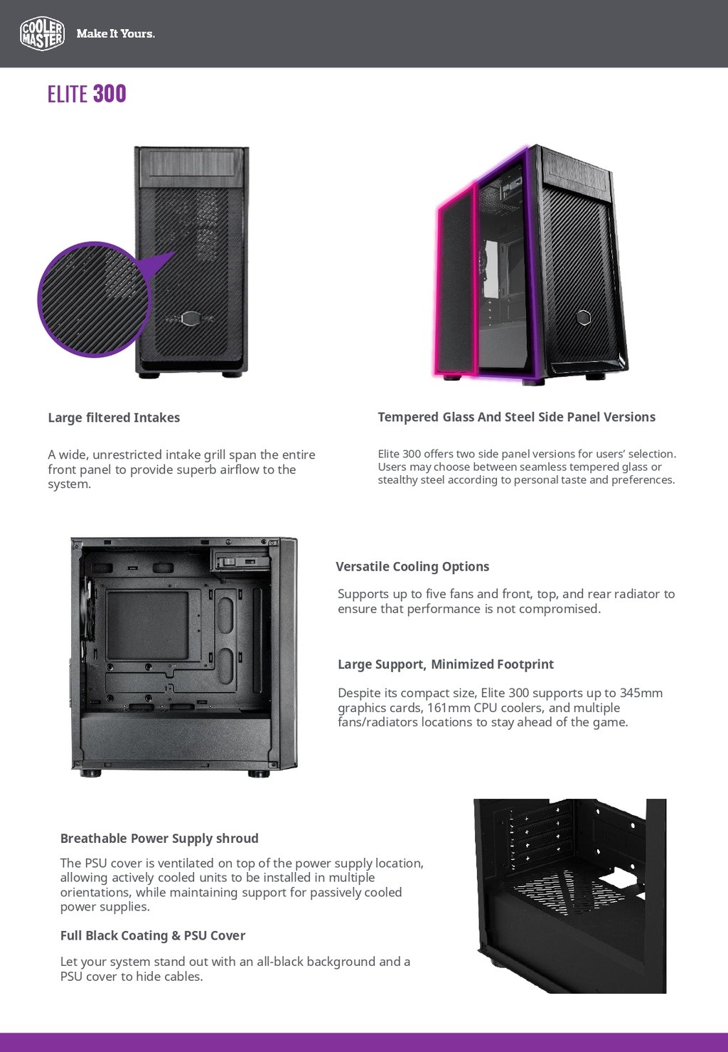 COOLER MASTER Elite 300 With ODD TG/Steel MATX Casing E300-KG5N-S00 TG/E300-KN5N-S00 Steel ...