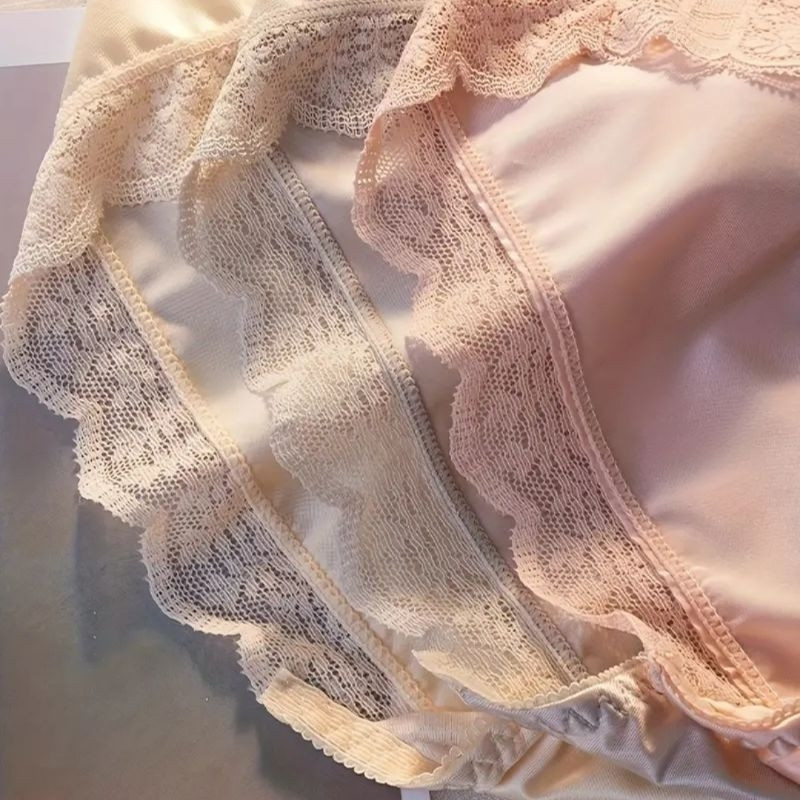 4PCS Set Woman Plus Size Satin Panties Mid-Waist Lace Silk Oversized ...