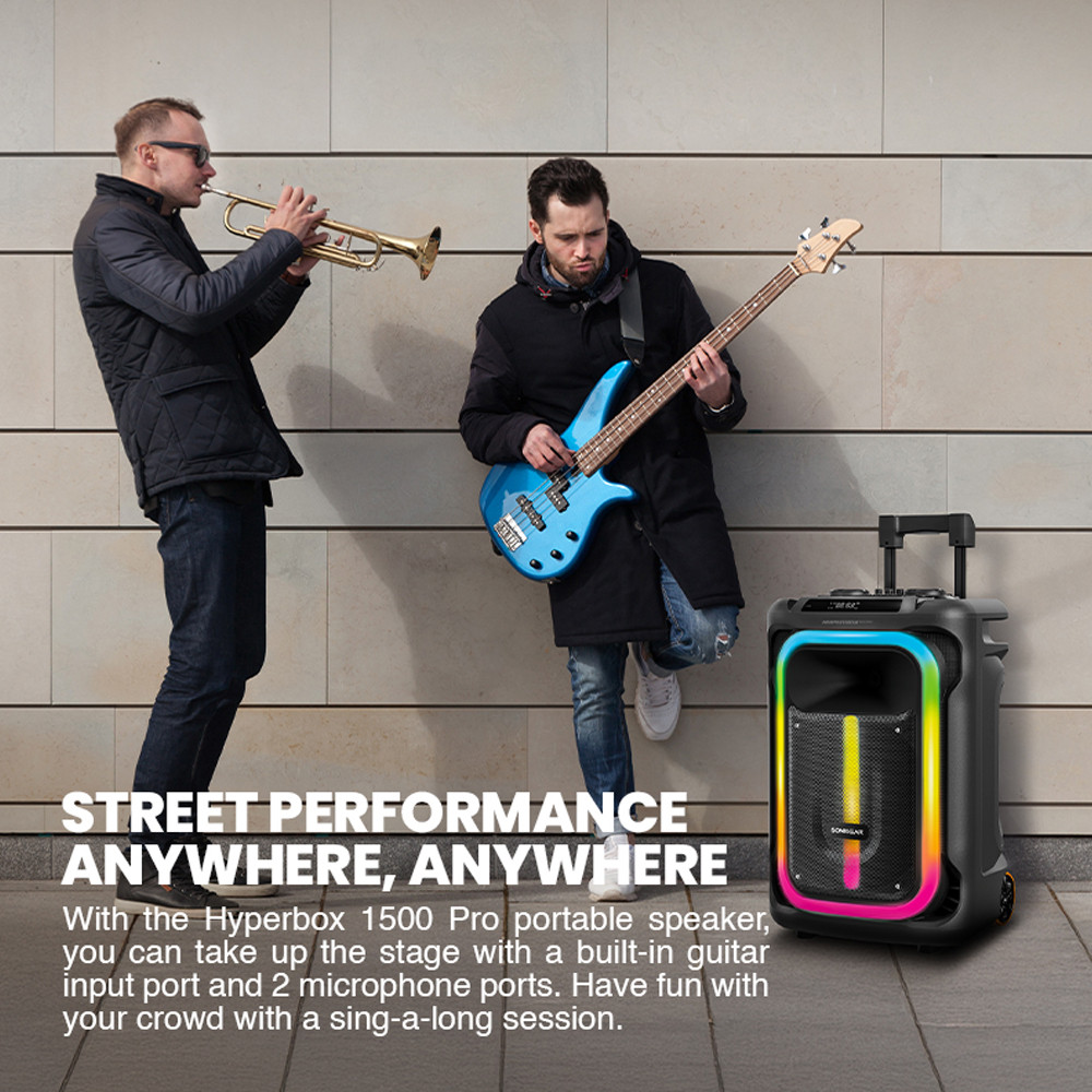 SonicGear HyperBox 1500 Pro Bluetooth USB Outdoor RGB Trolley Speaker with 2 Wireless Mic ...