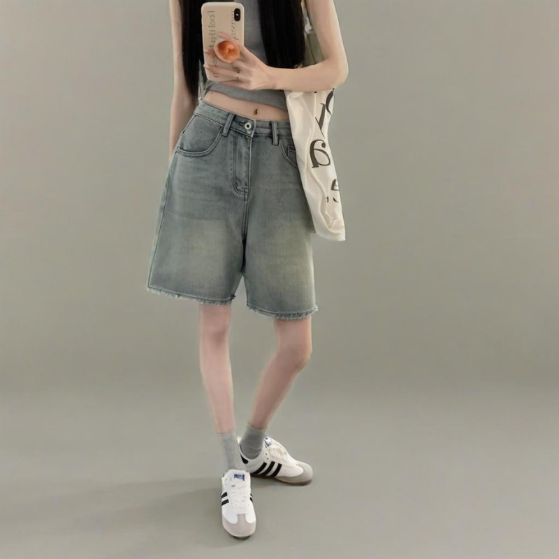 Vintage Blue Denim Five-point Shorts Women Thin High-waist Slim Petite ...