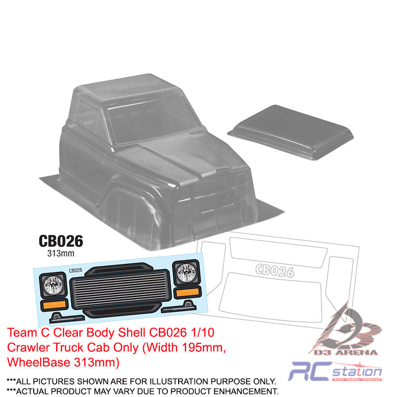 Team C Clear Body Shell CB026 1/10 Crawler Truck Cab Only (Width 195mm ...