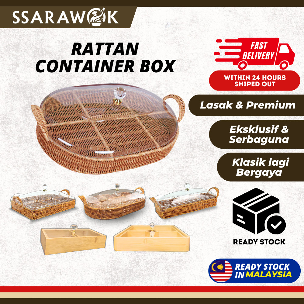 SSARAWOK Rattan Tray with Container Lid Rustic Vintage Rotan Serving ...
