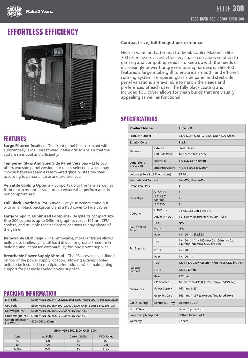 COOLER MASTER Elite 300 With ODD TG/Steel MATX Casing E300-KG5N-S00 TG/E300-KN5N-S00 Steel ...