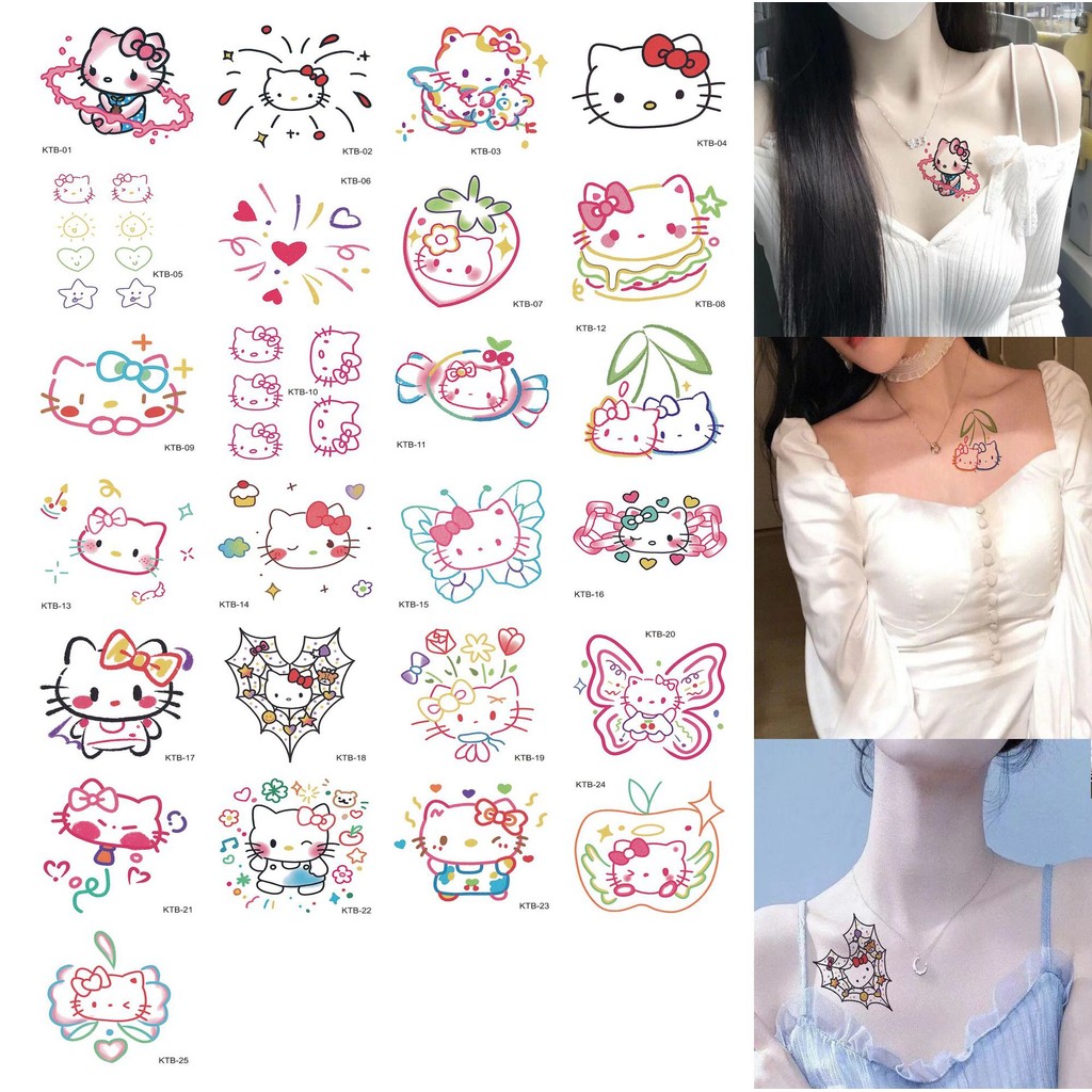 Line Cat Cartoon Cute Tattoo Stickers Influencer Hello Kitty Color ...