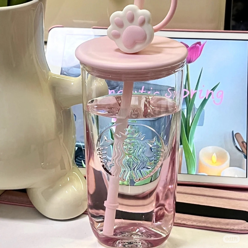 473ml Starbucks Cup Ins Style Pink Cat Catch Triangular Shape Glass Cup ...