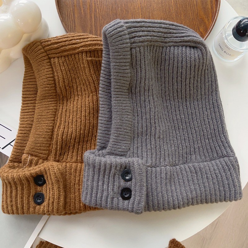 Knitted Wool Balaclava Hat - Button Scarf Hoodie Beanies - For Winter ...