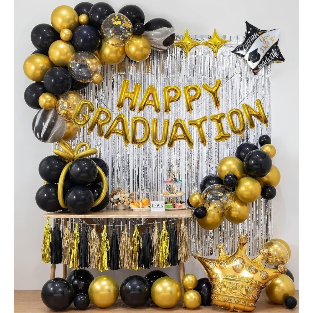 2025 Happy Graduation Balloons Set Crown Foil Balloon Balck Gold Latex ...