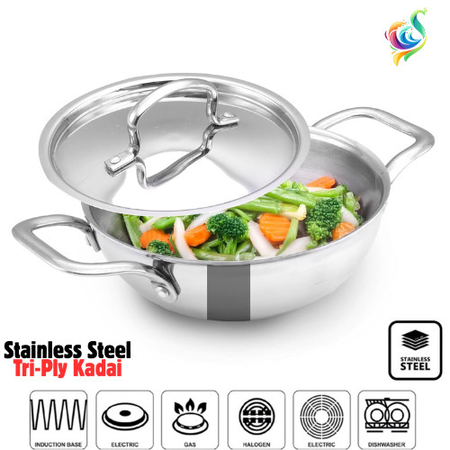 Triply Stainless Steel Kadai with Lid Cooking Pot 4.5L Cookware Triply ...