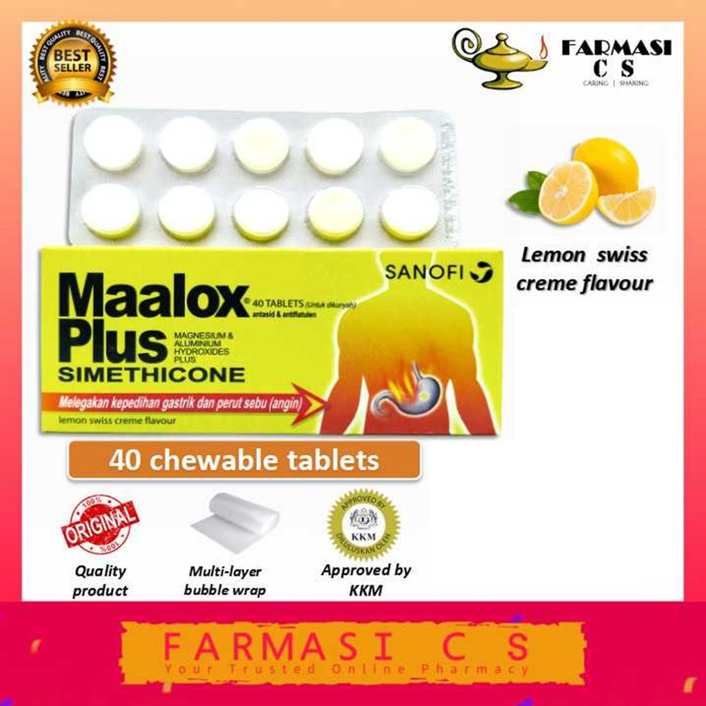Maalox Plus Simethicone 40 Chewable Tablets (Lemon Swiss Creme Flavour) EXP:09/2026 [ FARMASI CS ...