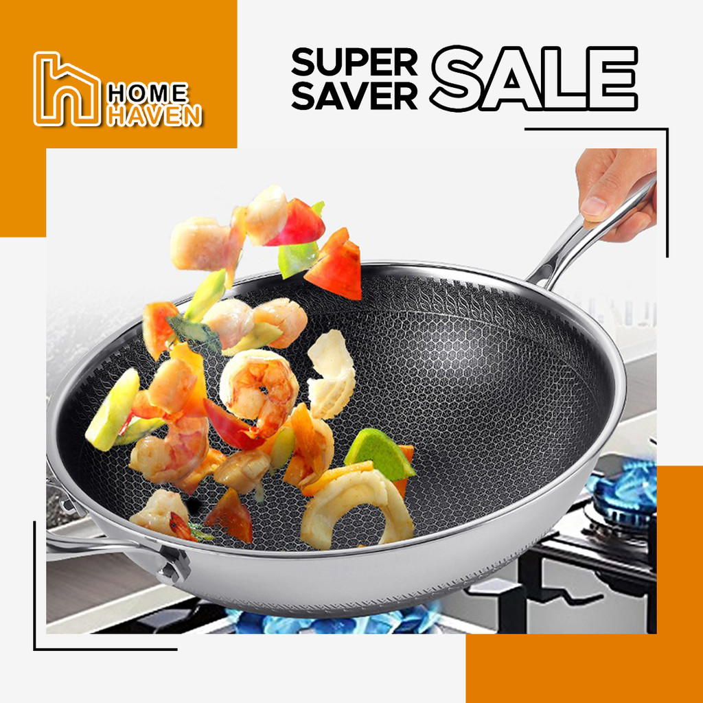 HOME HAVEN 316 Stainless Steel Non Stick Type Wok Frying Grill Pan ...