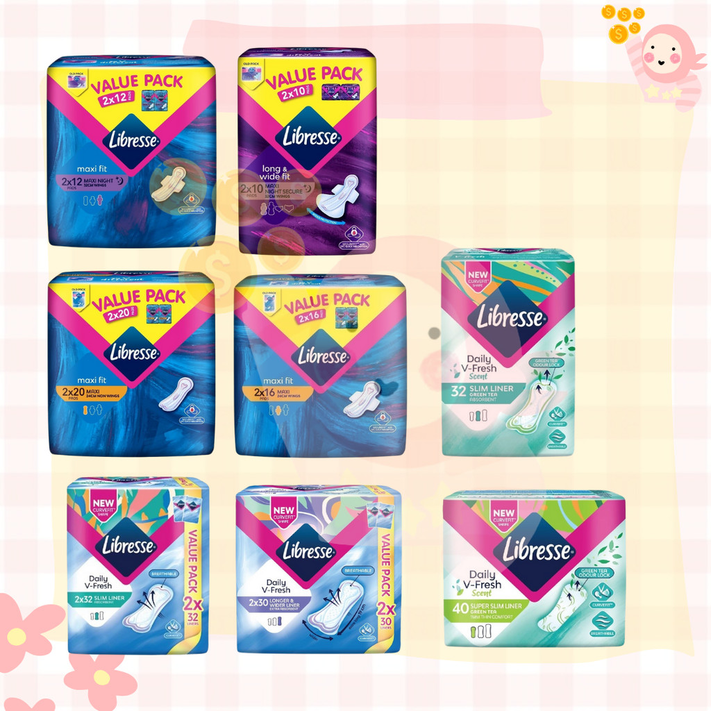 Libresse Maxi Night Wing Feminine Care Sanitary Pad Daily V-Fresh Liners Green Tea with Gift ...