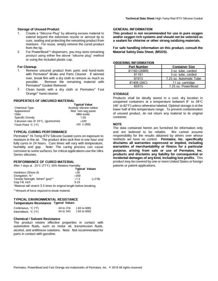 Permatex 81160 Red RTV High Temp Gasket Maker 3oz 85g Adhesives For ...