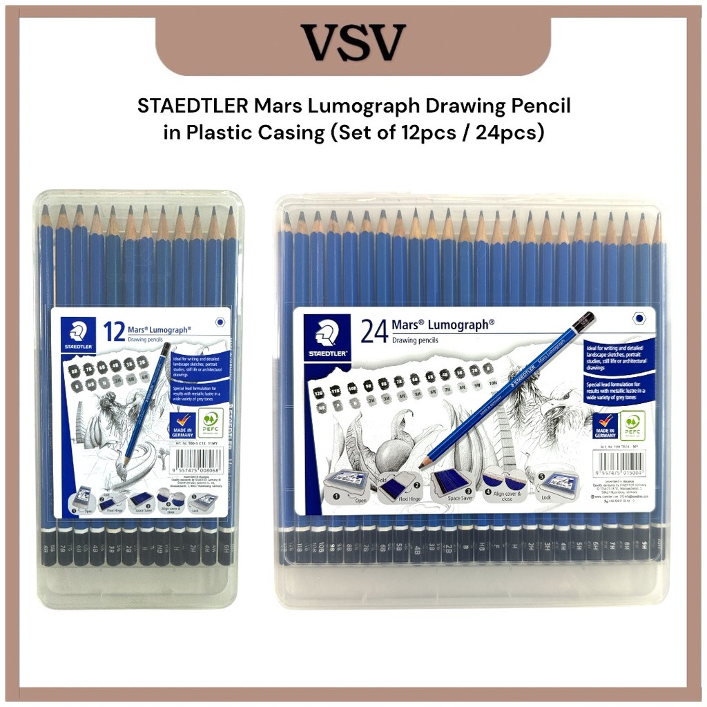 Staedtler Mars Lumograph 100 Drawing Pencils Set Box of 12 Degrees/ 24 ...