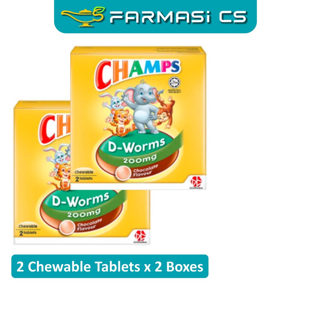 Champs D-Worms for Kids 200mg Chocolate Flavour 2 tablets x 2 boxes ...