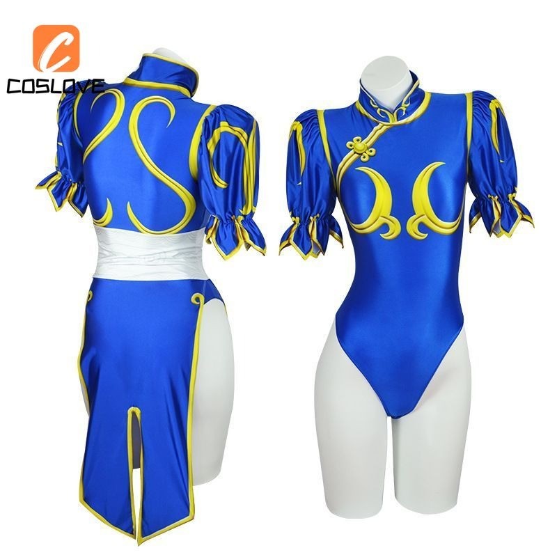 Game Chunli Cosplay Clothing Classic Style Blue Cheongsam Dress Street ...