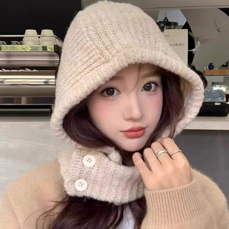 Knitted Wool Balaclava Hat - Button Scarf Hoodie Beanies - For Winter ...