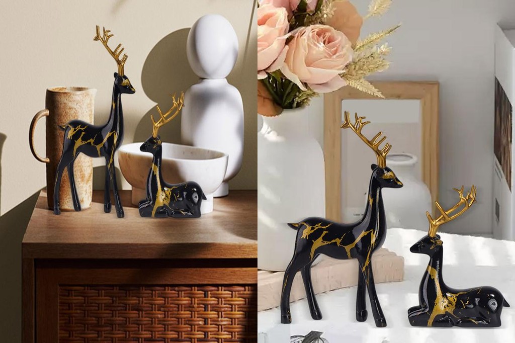 (New) Deer Statue Ornaments Reclining Reindeer Ornament Set of 2 Resin ...