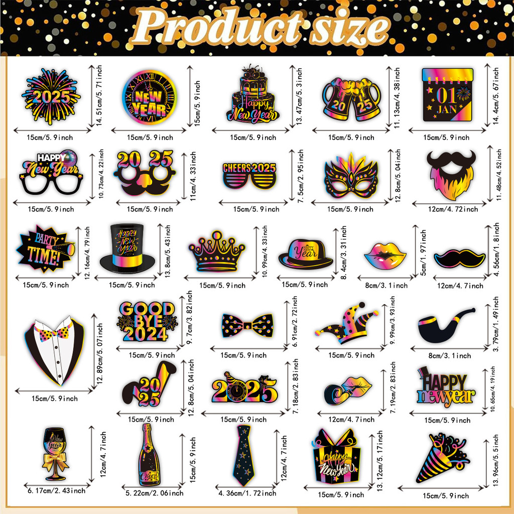 30 Pcs 2025 New Year Decorations Photo Booth Props Happy New Year Theme ...
