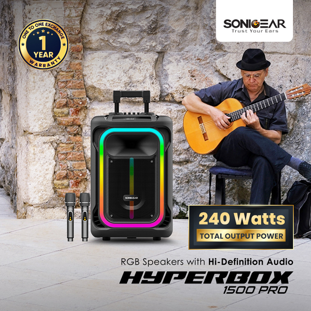 SonicGear HyperBox 1500 Pro Bluetooth USB Outdoor RGB Trolley Speaker with 2 Wireless Mic ...