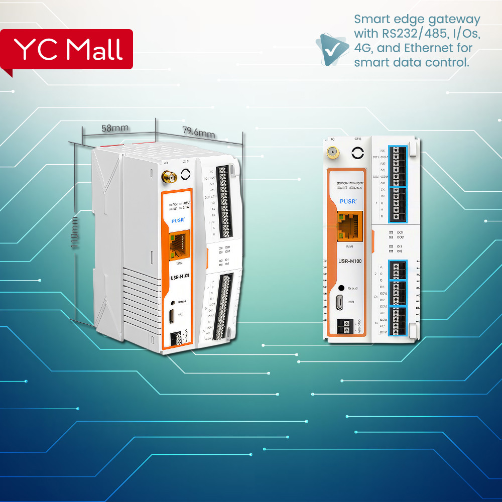 PUSR USR-M100 Remote IO Edge Gateway 4G LTE RS232 RS485 DI DO AI MQTT Modbus TCP UDP DIN Rail ...