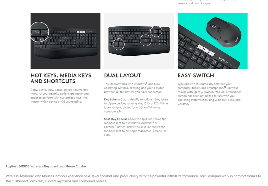 Logitech MK850 Performance Wireless Keyboard and Mouse Combo Bluetooth ...