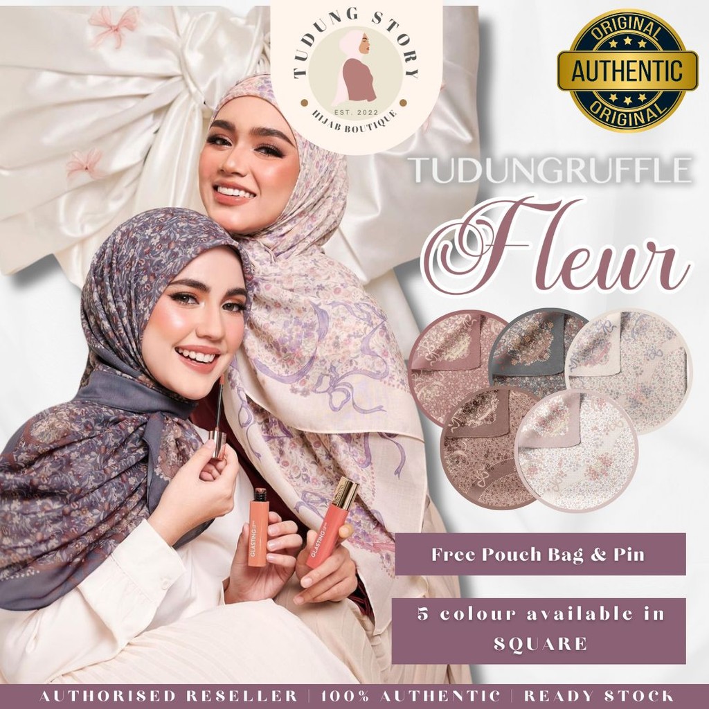 Tudung Ruffle FLEUR Printed Cotton Collection + Free Pouch Bag | Shopee ...