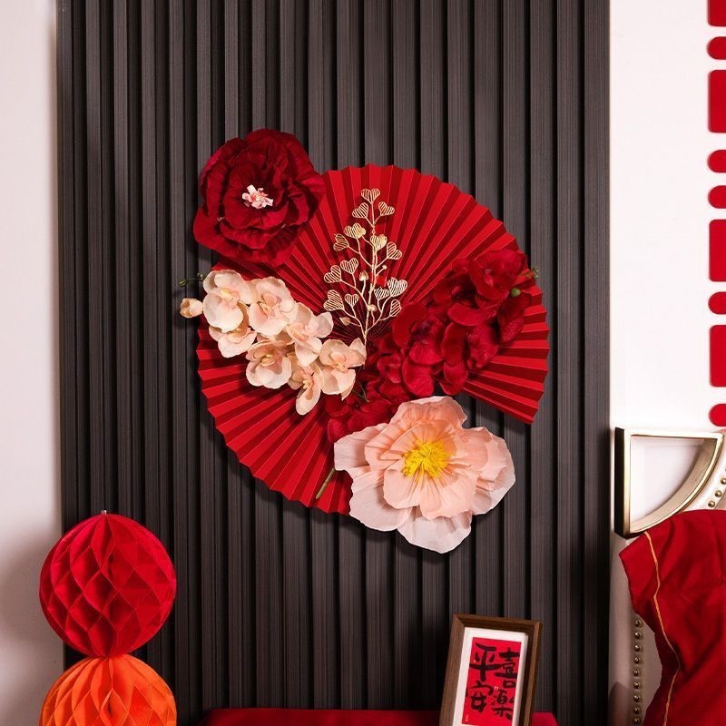 Wedding Red Pleated Fans Stickers Chinese Pearl Wall Hangings Wedding ...