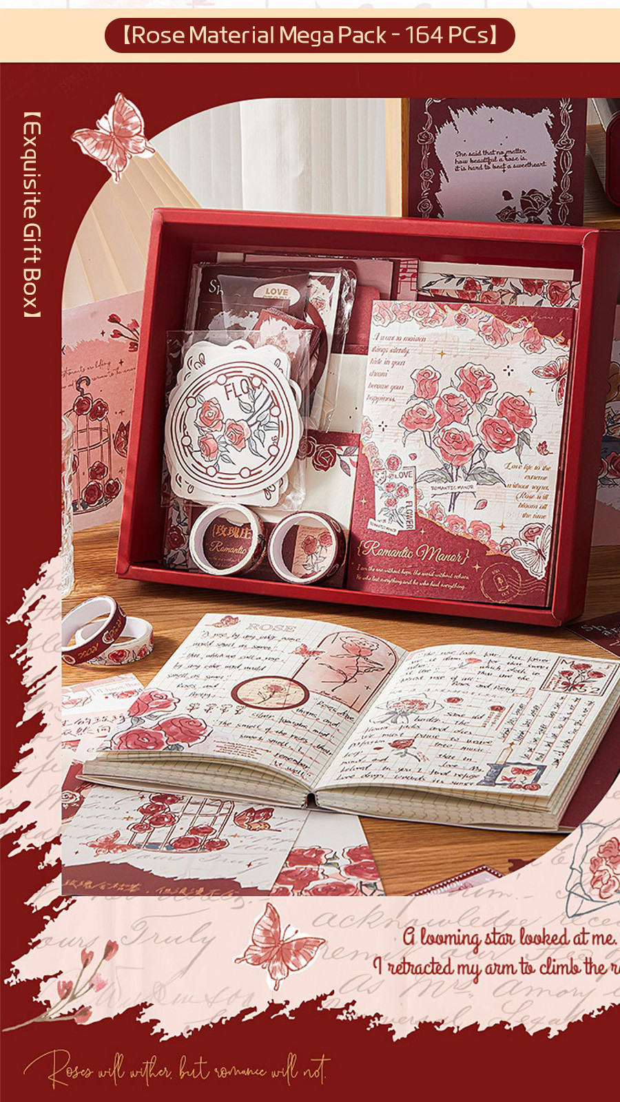 Vintage Rose Journal Gift Box Set Aesthetic Scrapbook with Envelopes ...