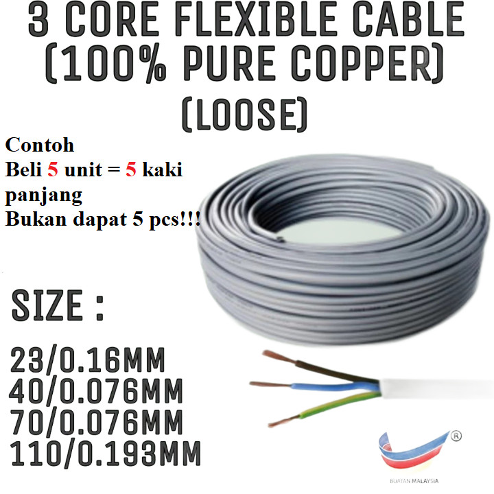 [SELL BY FT]【100% PURE COPPER】3 CORE Wire PVC Insulated Flexible Cable ...