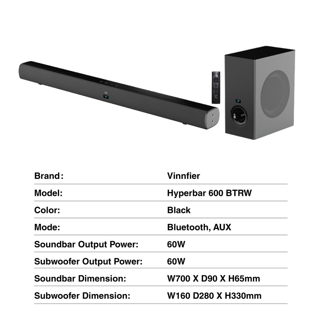 Vinnfier VF Hyperbar 600 BTRW 240W Soundbar with 6.5" Wireless ...