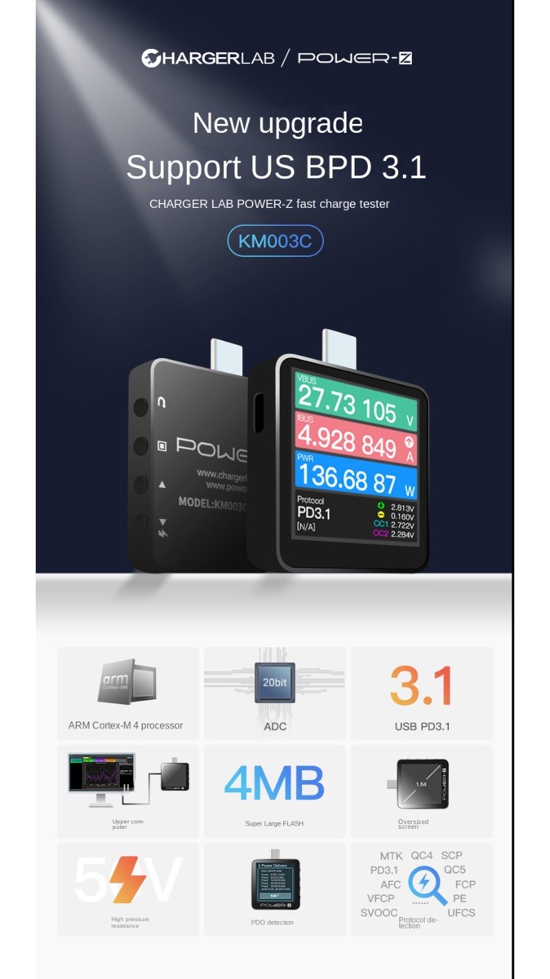 ChargerLAB Power-Z KM003C USB PD3.1 QC5.0 Protocol 48V Range Dual Type-C Digital Voltmeter ...