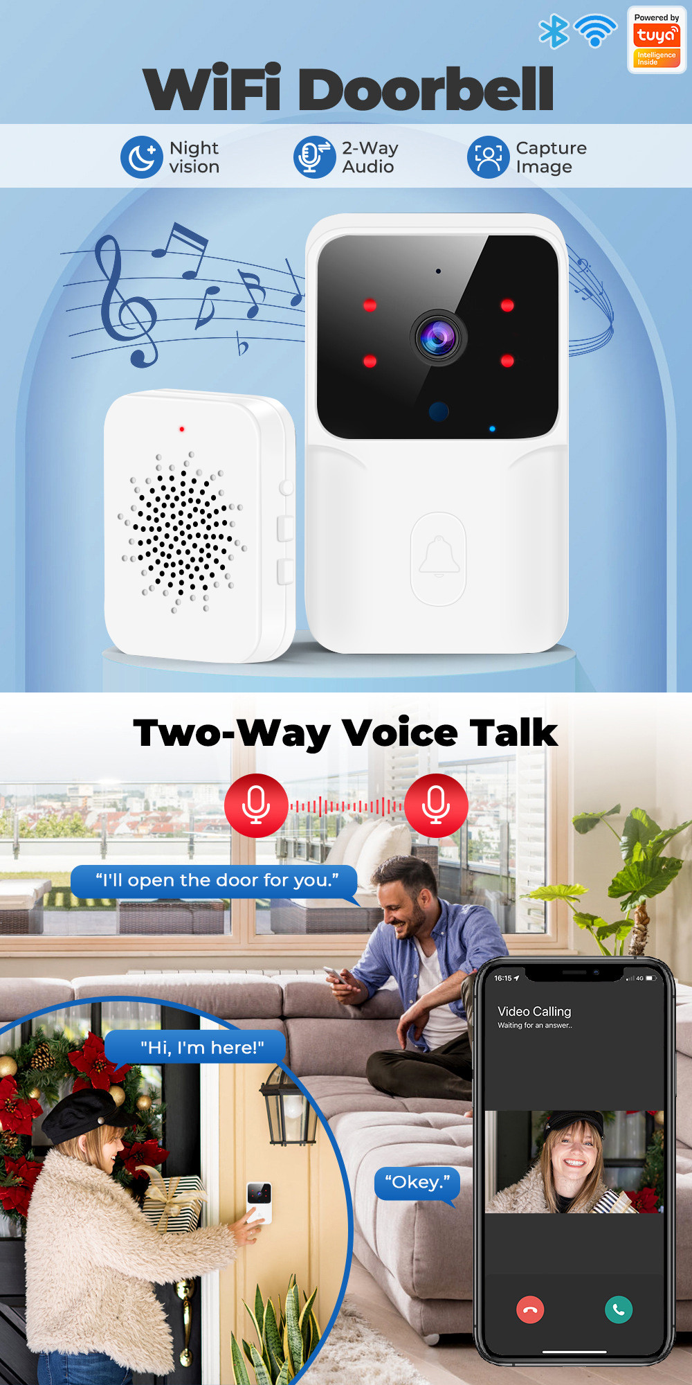 WiFi Doorbell Home Tuya Wireless Doorbell DC AC Battery Powered HD ...