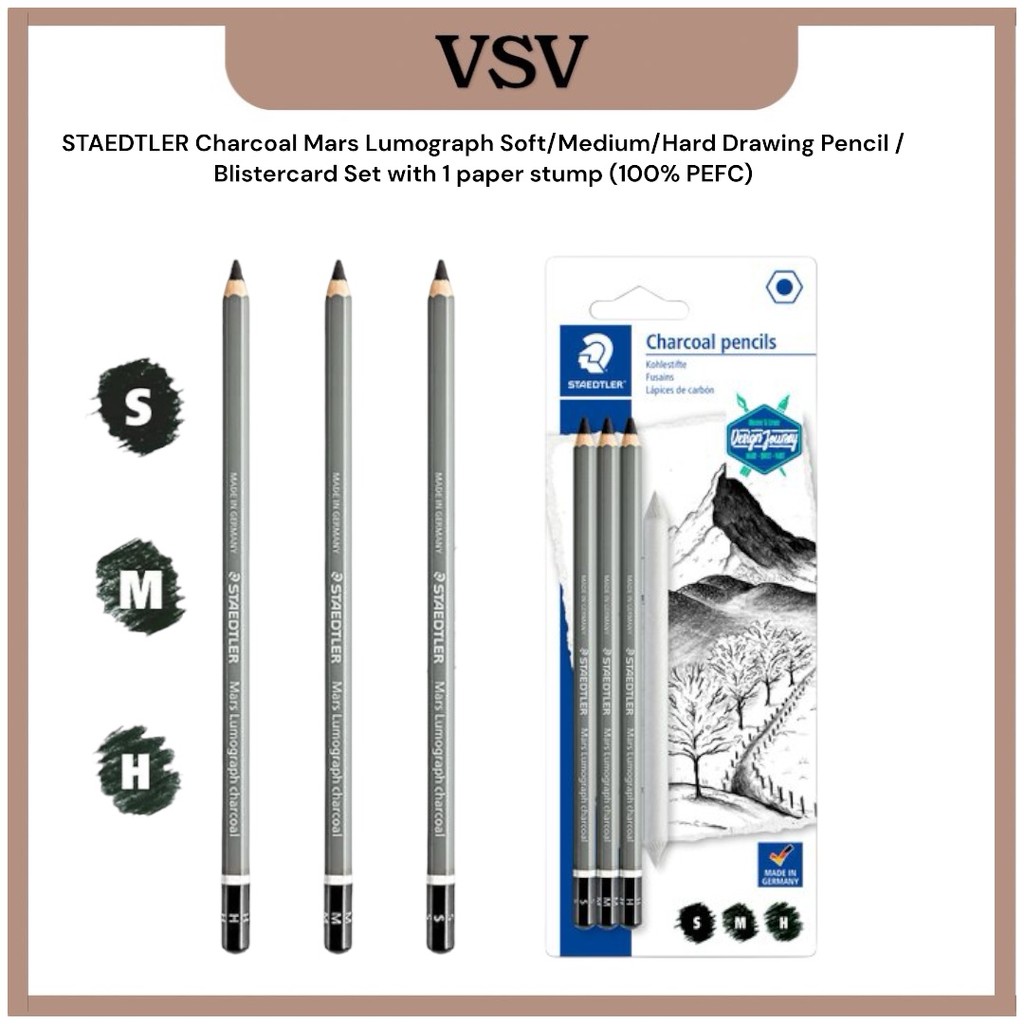 Staedtler Mars Lumograph Charcoal 100C Soft/Medium/Hard Drawing Pencil / Blistercard Set with 1 ...