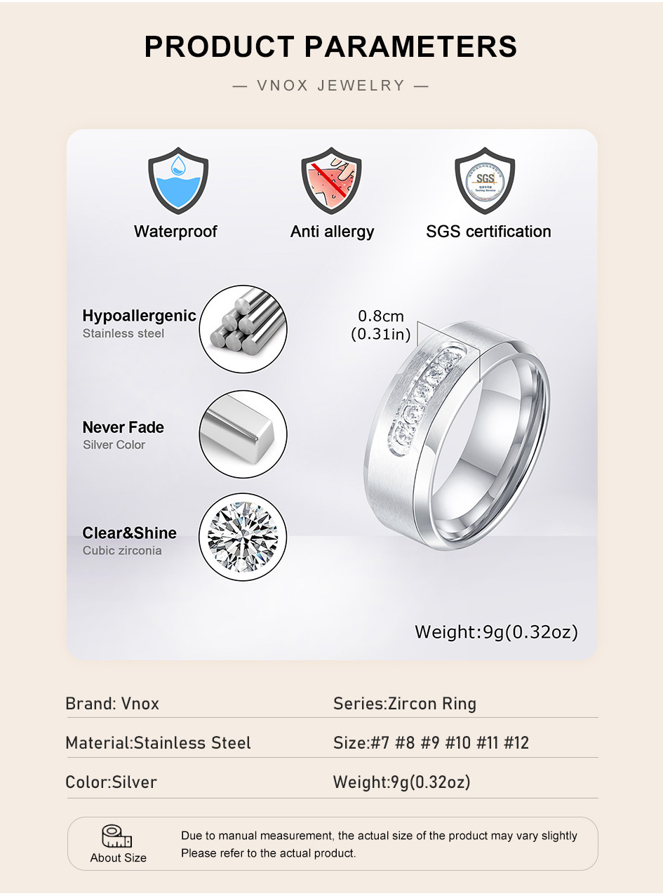 Vnox Zircon Diamond Silver Ring for Men,Stainless Steel Non Tarnish Ring,Wedding Party Daily ...