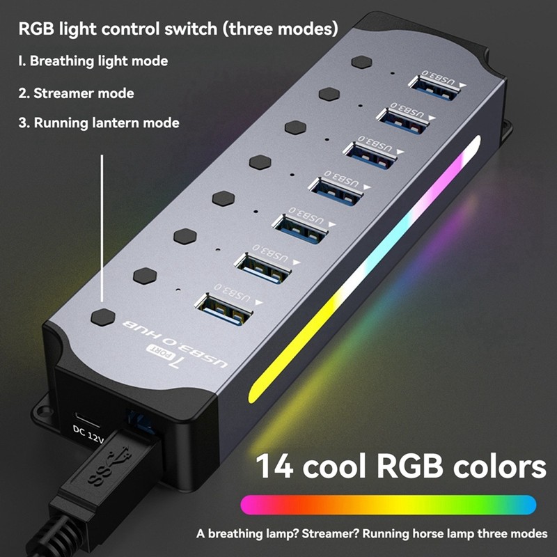 USB 3.0 Hub 4-Port 7-Port 10-Port RGB Hub with LED Button Switch 5Gbps ...