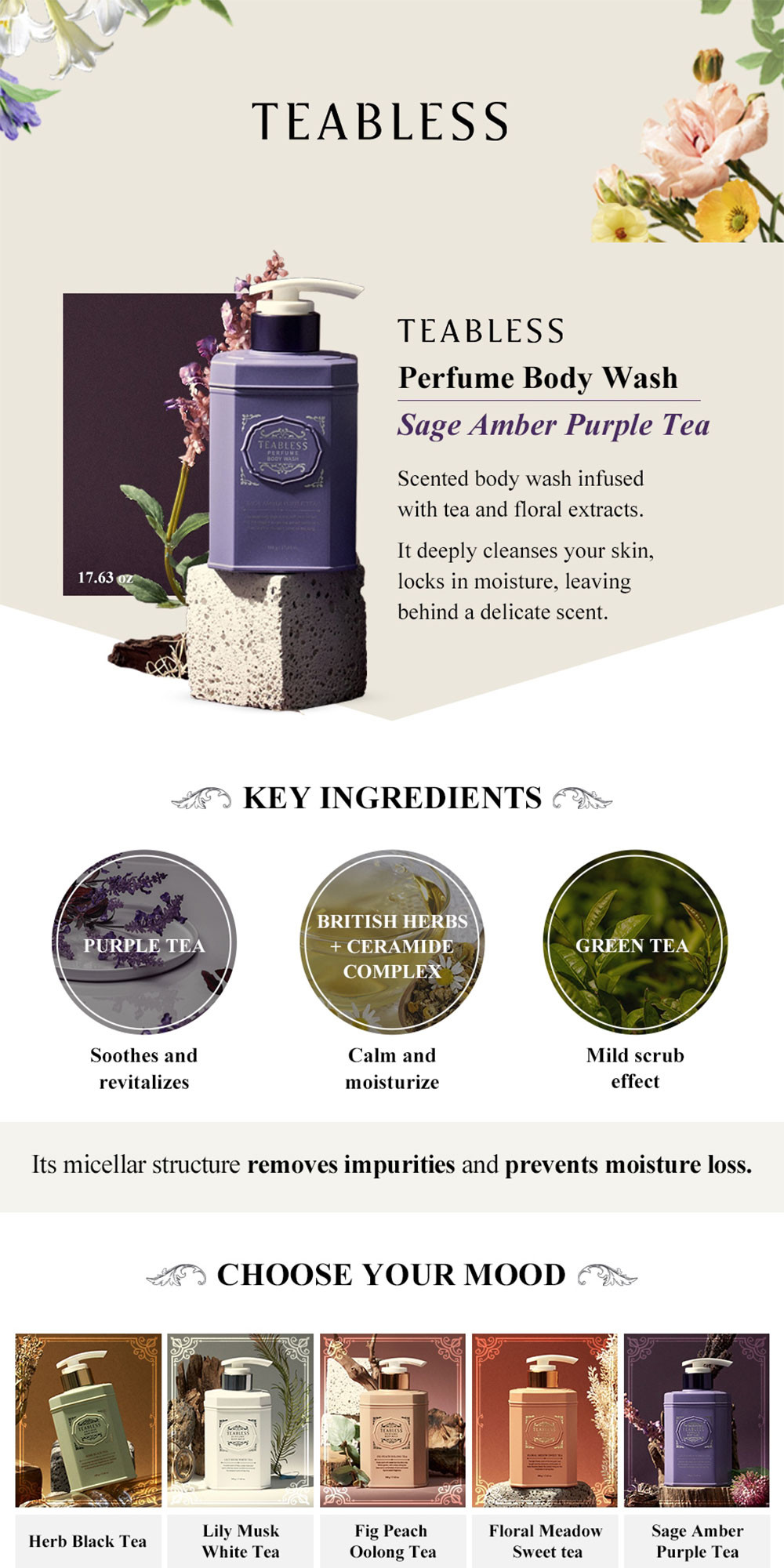 [TEABLESS] Perfume Body Wash Sage Amber Scent | Anthocyanins | Soothing and revitalising scrub ...