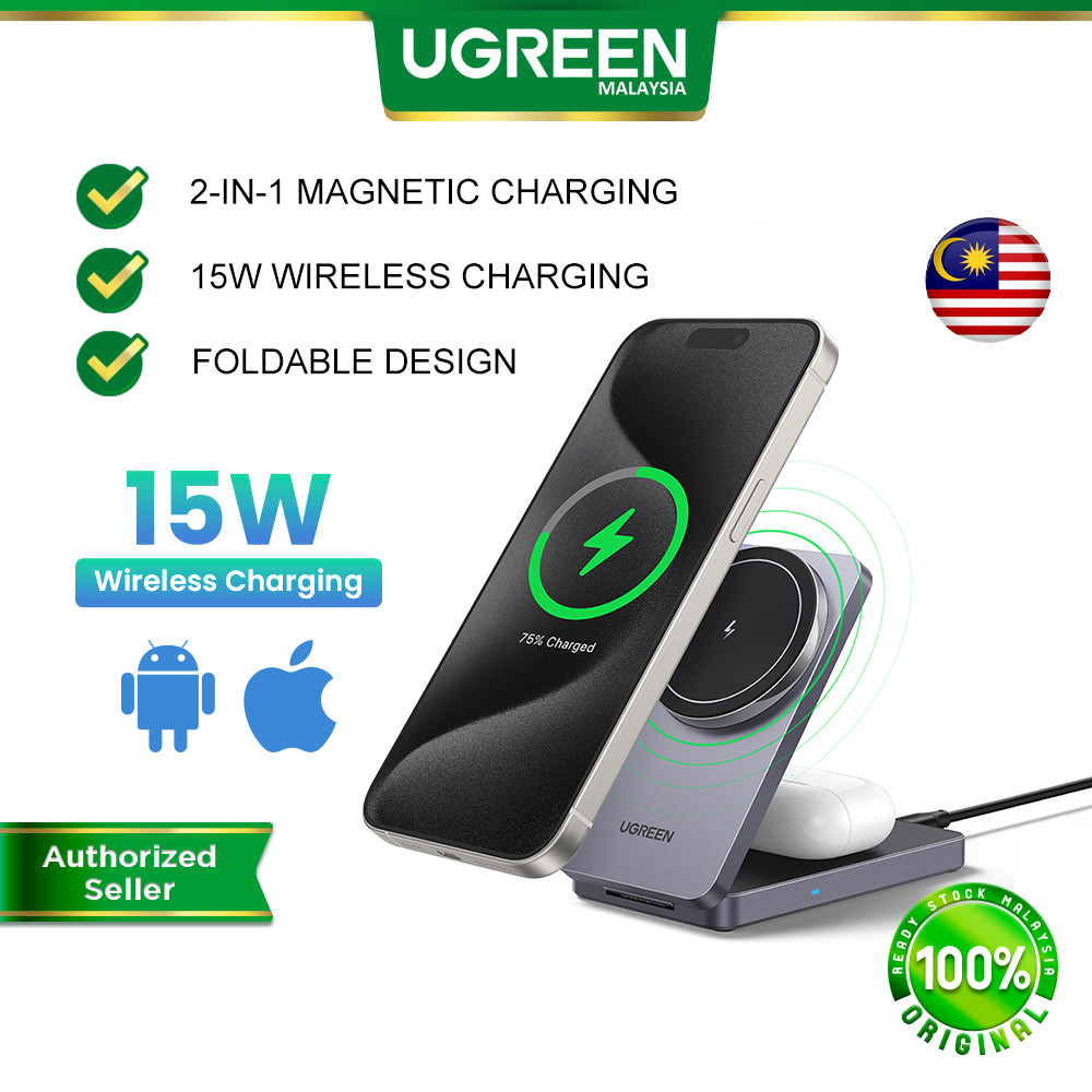 UGREEN 2 IN 1 MagFlow MagSafe Charger Qi 2 15W Wireless Charger Stand Magnetic Charger for ...